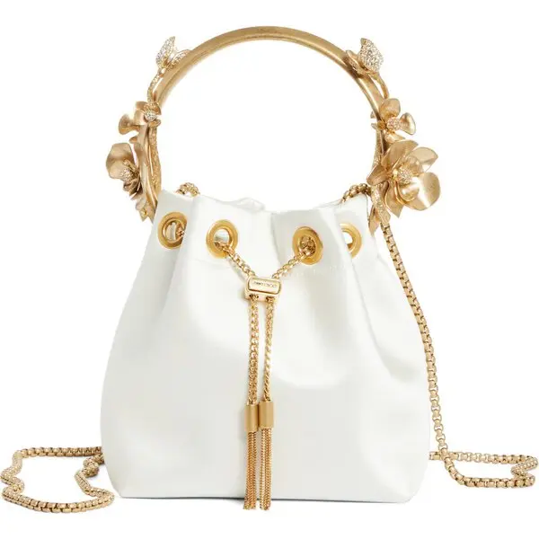 JIMMY CHOO Floral Embellished Top Handle Pouch - Ivory/ Gold