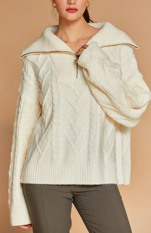 CRESCENT Front Zip Cable Knit Sweater - Pearl