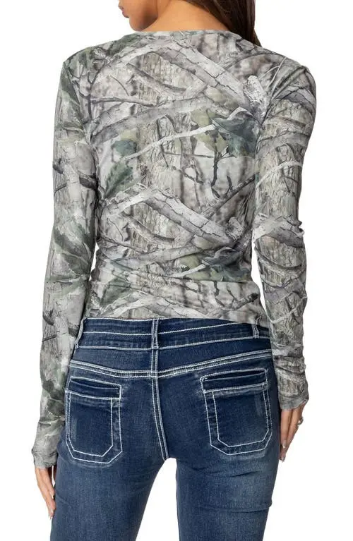 EDIKTED Camo Mesh Long Sleeve Top