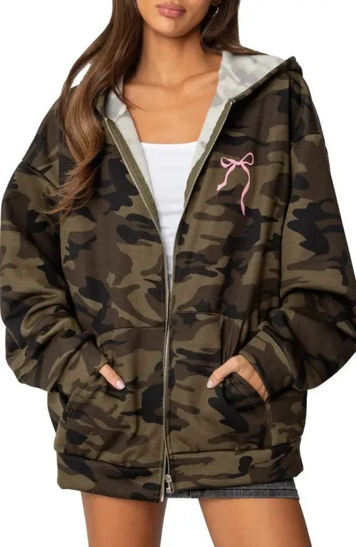 EDIKTED Camo Oversized Zip Hoodie With Bow Detail