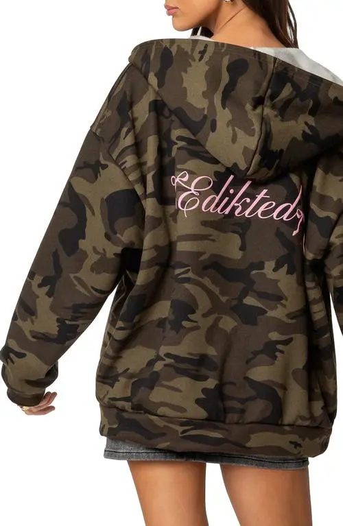 EDIKTED Camo Oversized Zip Hoodie With Bow Detail