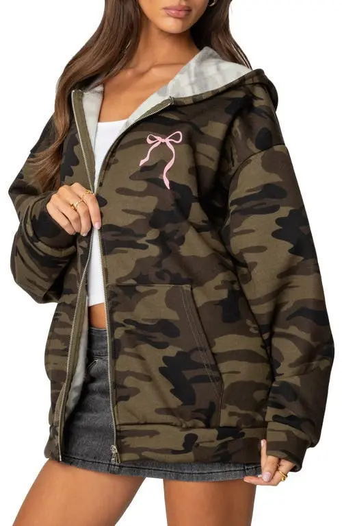 EDIKTED Camo Oversized Zip Hoodie With Bow Detail
