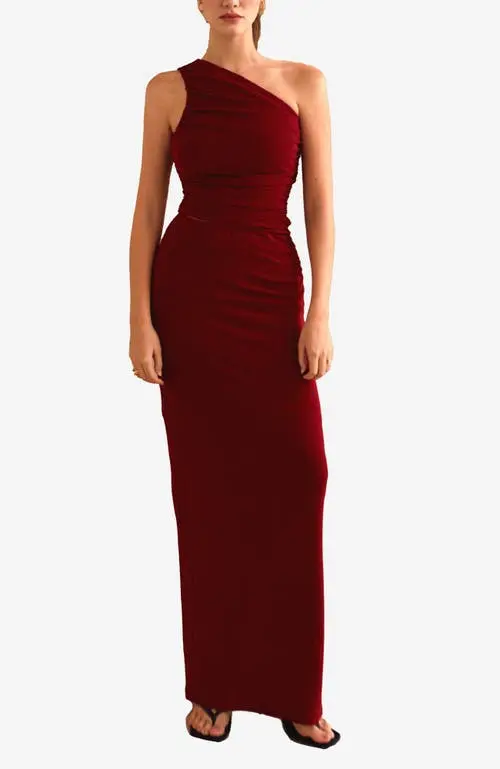 CRESCENT One Shoulder Knit Top And Skirt Set - Ruby