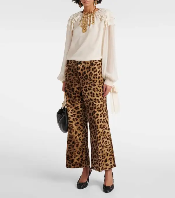Chloé Leopard-print Flared Cotton Velvet Pants - Yellow