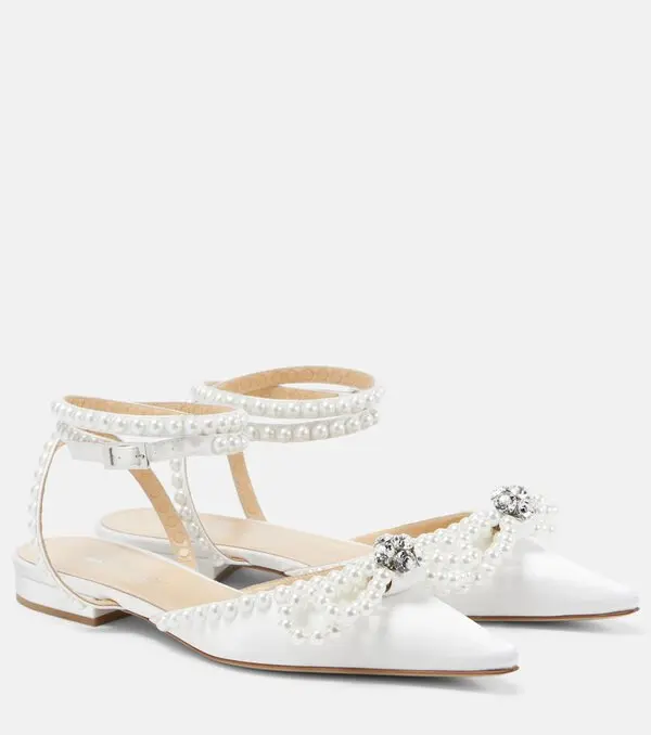 Mach & Mach Double Bow Embellished Ballet Flats - White
