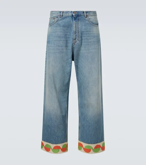 Valentino Garavani Jacquard-trimmed Wide-leg Jeans