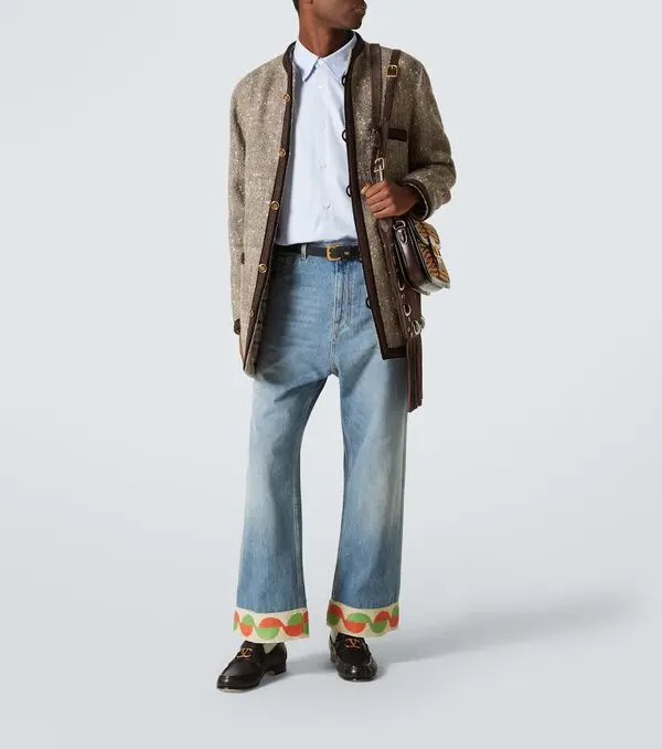 Valentino Garavani Jacquard-trimmed Wide-leg Jeans