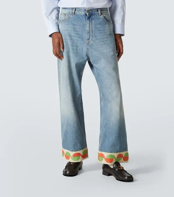Valentino Garavani Jacquard-trimmed Wide-leg Jeans