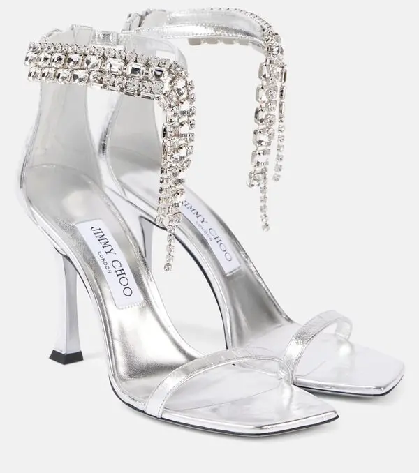 JIMMY CHOO Verity 100 Embellished Leather Sandals - Silver