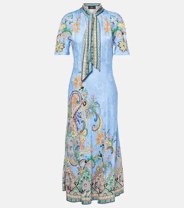 Etro Paisley Satin Midi Dress - Blue