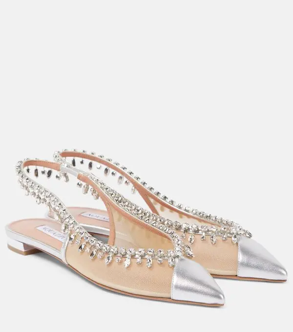 AQUAZZURA Temptation Crystal Mesh Slingback Flats - Silver