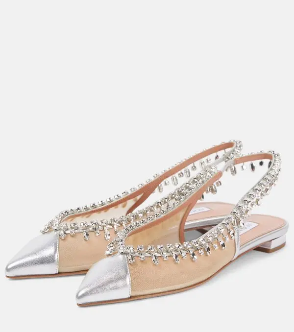 AQUAZZURA Temptation Crystal Mesh Slingback Flats