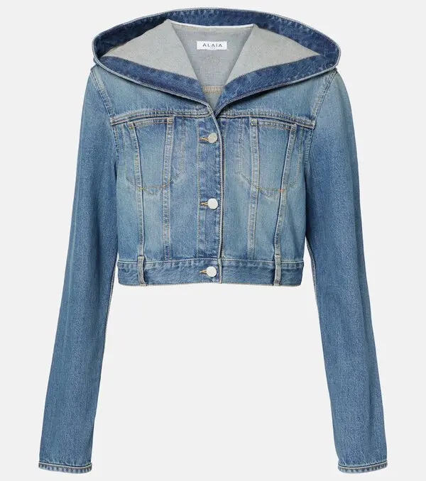 Alaïa Cropped Hooded Denim Jacket - Blue