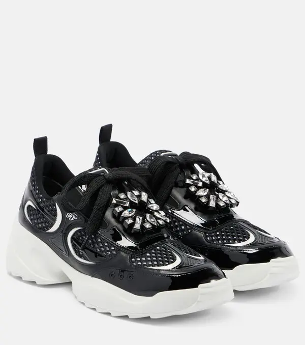 ROGER VIVIER Embellished Leather-trimmed Sneakers - Black