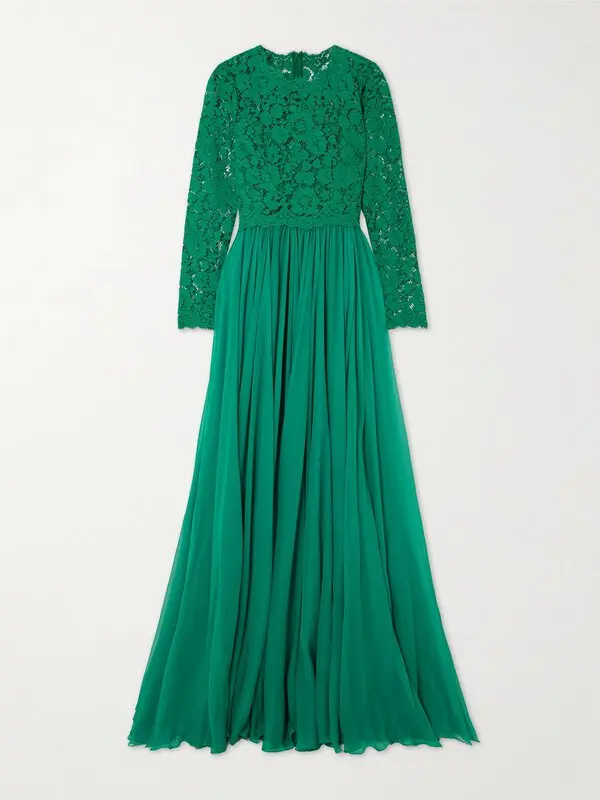 Dolce & Gabbana Silk-Blend Lace And Pleated Chiffon Gown In Green - 60% Off  | Editorialist