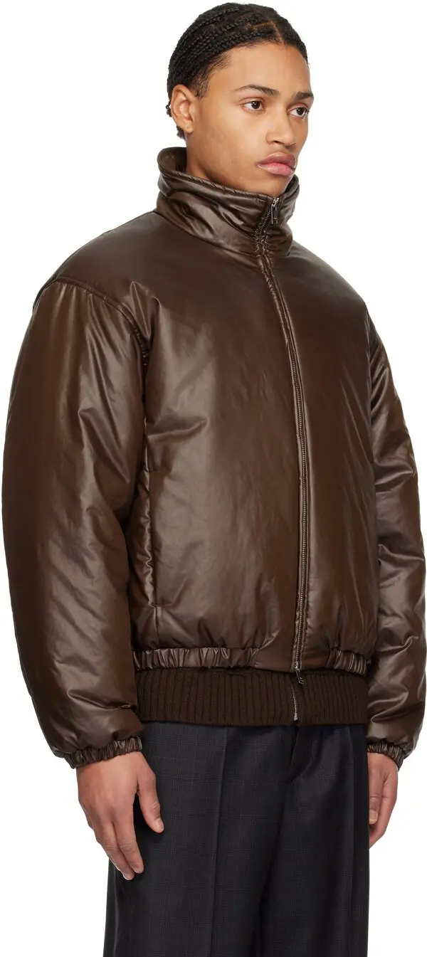Yoke Leather-Like Puffer Jacket In Brown - 60% Off | Editorialist
