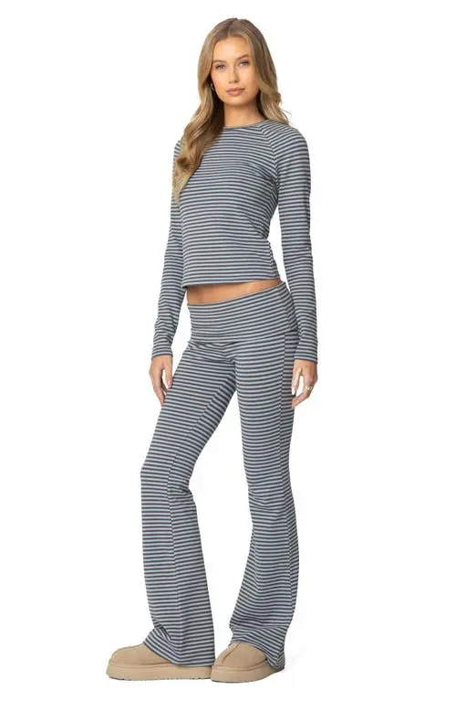 EDIKTED Kaeli Stripe Long Sleeve Crop Top - Navy