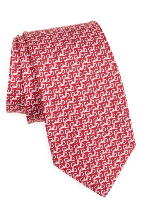 FERRAGAMO Gancini Print Silk Tie - Rosso