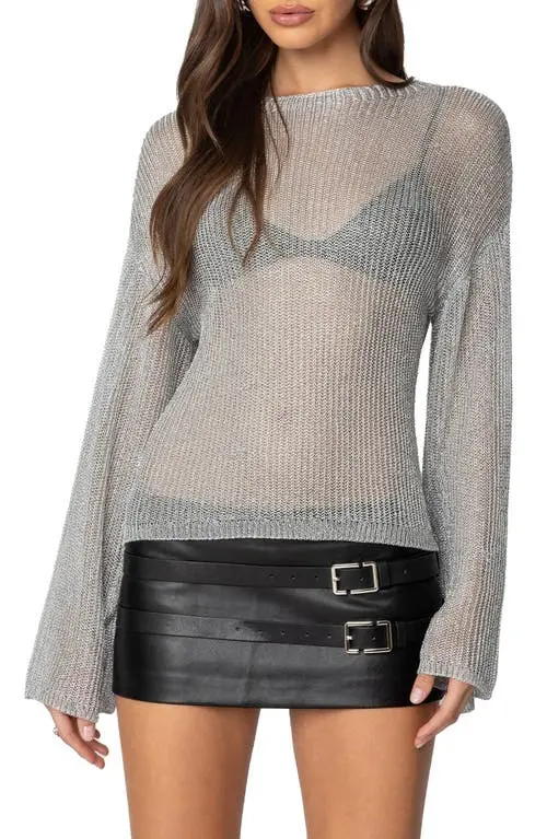 EDIKTED Sheer Metallic Bell Sleeve Sweater
