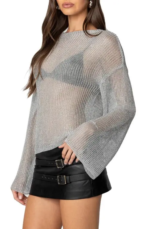 EDIKTED Sheer Metallic Bell Sleeve Sweater