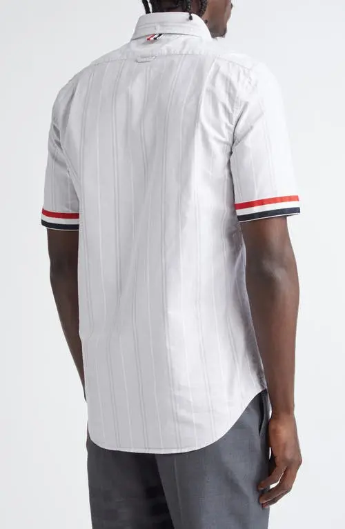 Thom Browne Straight Fit Stripe Short Sleeve Cotton Button-down Shirt