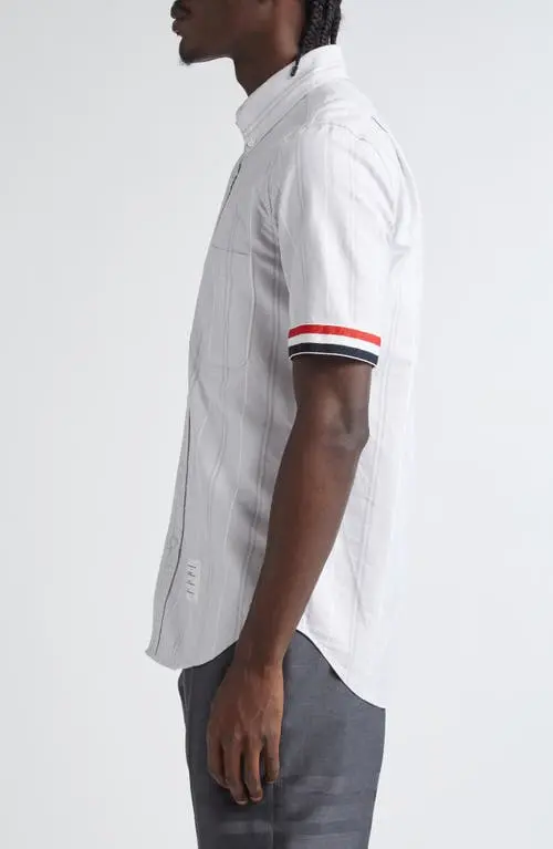 Thom Browne Straight Fit Stripe Short Sleeve Cotton Button-down Shirt