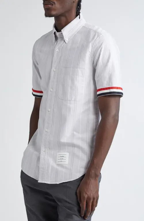 Thom Browne Straight Fit Stripe Short Sleeve Cotton Button-down Shirt