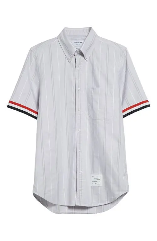 Thom Browne Straight Fit Stripe Short Sleeve Cotton Button-down Shirt