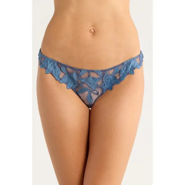 FLEUR DU MAL Lily Embroidered Hipster Thong - Spring Denim