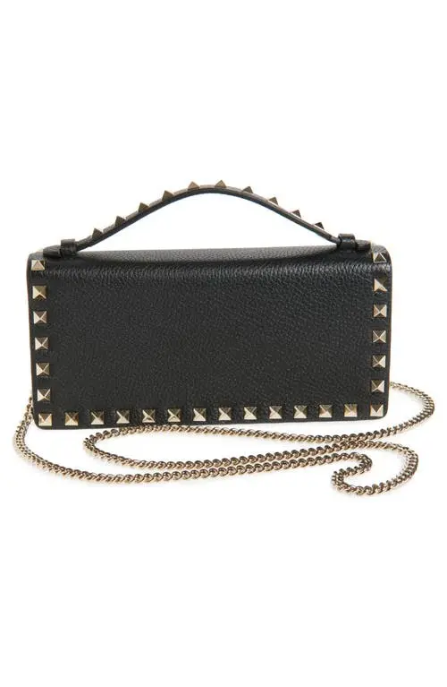 Valentino Garavani Rockstud Leather Wallet On A Chain - Black