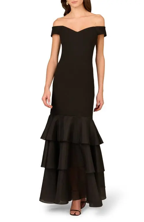 Adrianna Papell Off-The-Shoulder Tiered Mermaid Gown Black