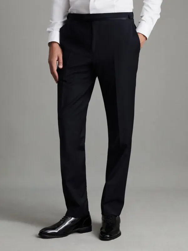 REISS Poker Slim-fit Wool-blend Tuxedo Trousers - Navy