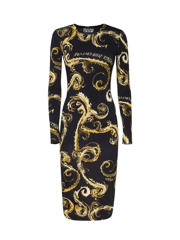 Versace Baroque Print Long Sleeve Dress In Black 33% Off
