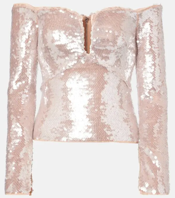 SELF-PORTRAIT Sequined Off-shoulder Top - Beige