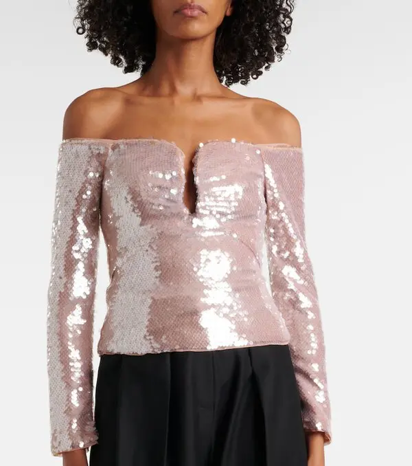 SELF-PORTRAIT Sequined Off-shoulder Top - Beige