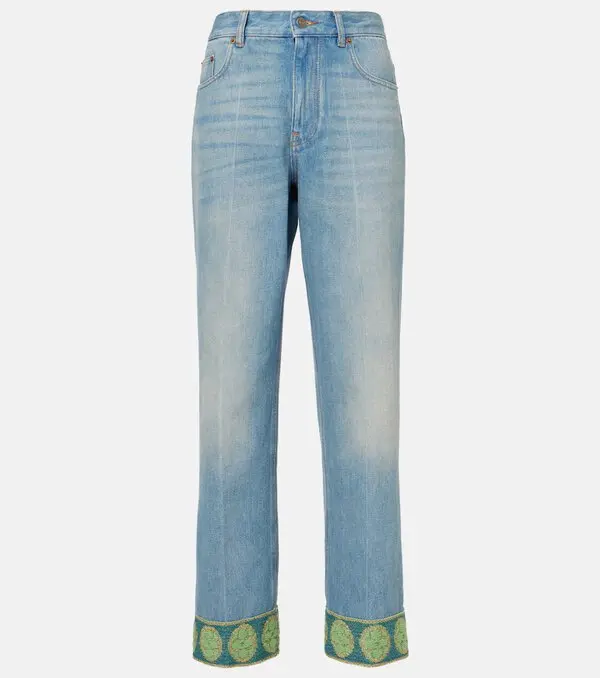Valentino Garavani Jacquard-trimmed Straight Leg Jeans - Blue