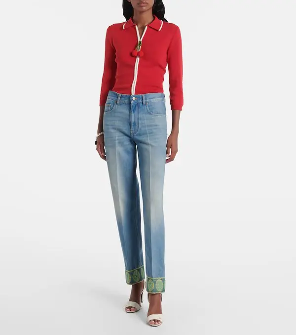 Valentino Garavani Jacquard-trimmed Straight Leg Jeans