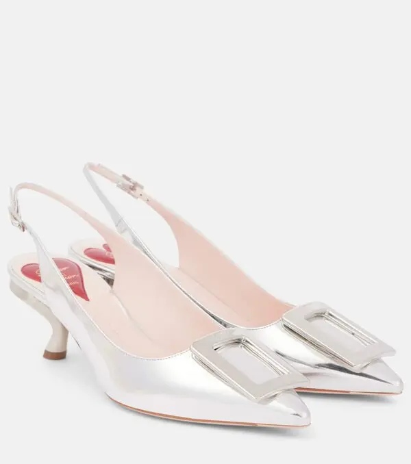 ROGER VIVIER Virgule 55 Metallic Leather Slingback Pumps - Silver