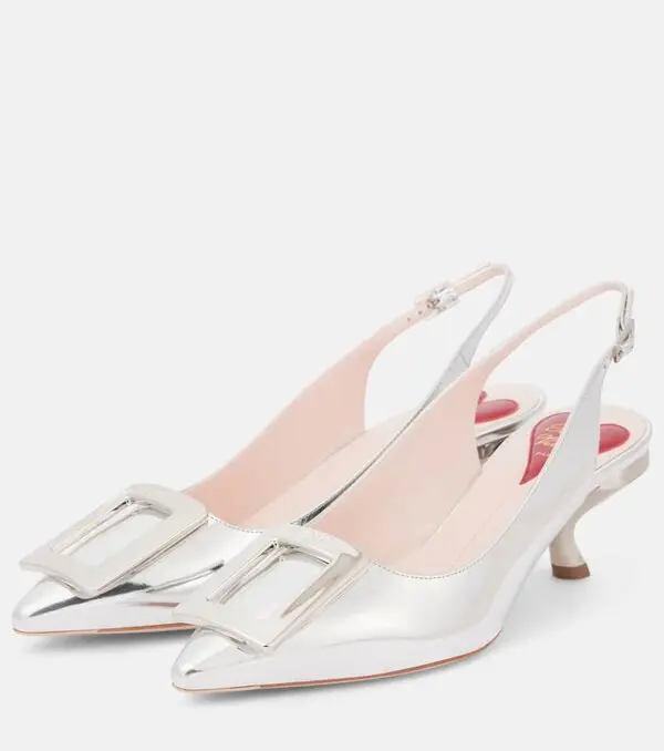 ROGER VIVIER Virgule 55 Metallic Leather Slingback Pumps - Silver