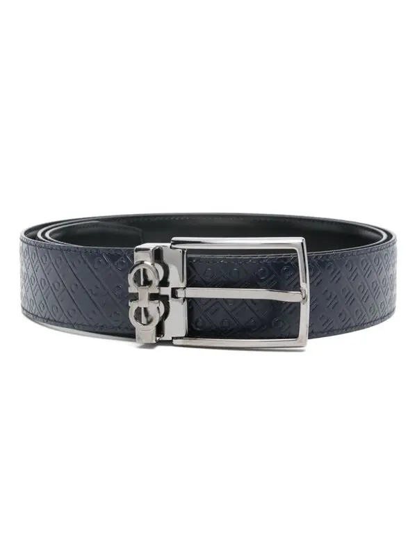 FERRAGAMO Double Gancini Leather Belt - Blue