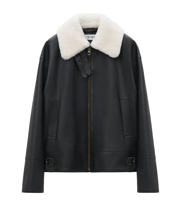 Loewe Leather Aviator Jacket With Shearling Collar - Black