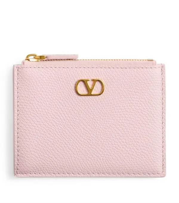 Valentino Garavani Leather Vlogo Signature Zipped Card Holder - Pink