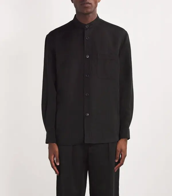 Giorgio Armani Lyocell-Linen Collarless Shirt - Black | Editorialist