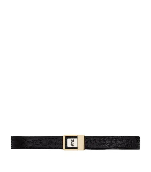 Saint Laurent Croc-embossed Leather Buckle Belt - Black