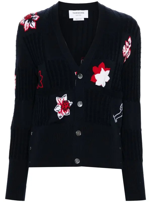 Thom Browne Hector Floral Intarsia-knit Cardigan - Blue