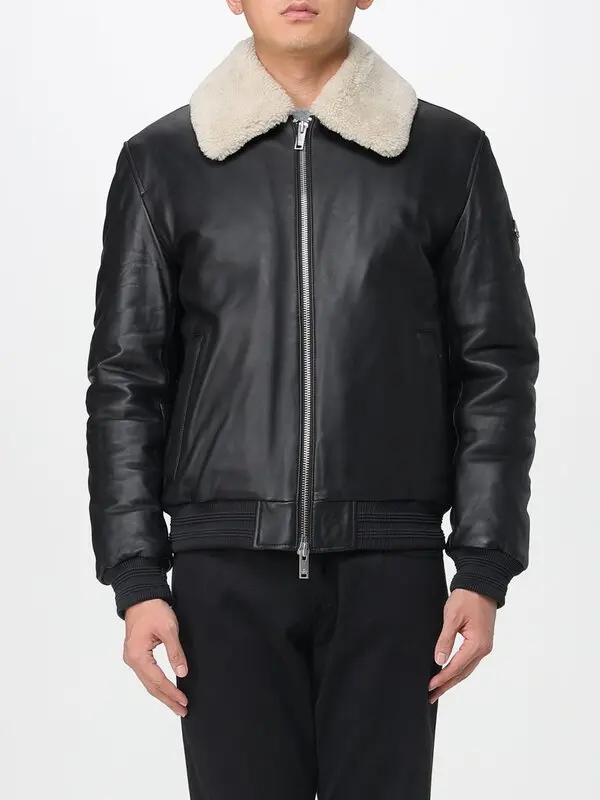 Moose Knuckles Leather Bomber Jacket With Fur Collar - Black