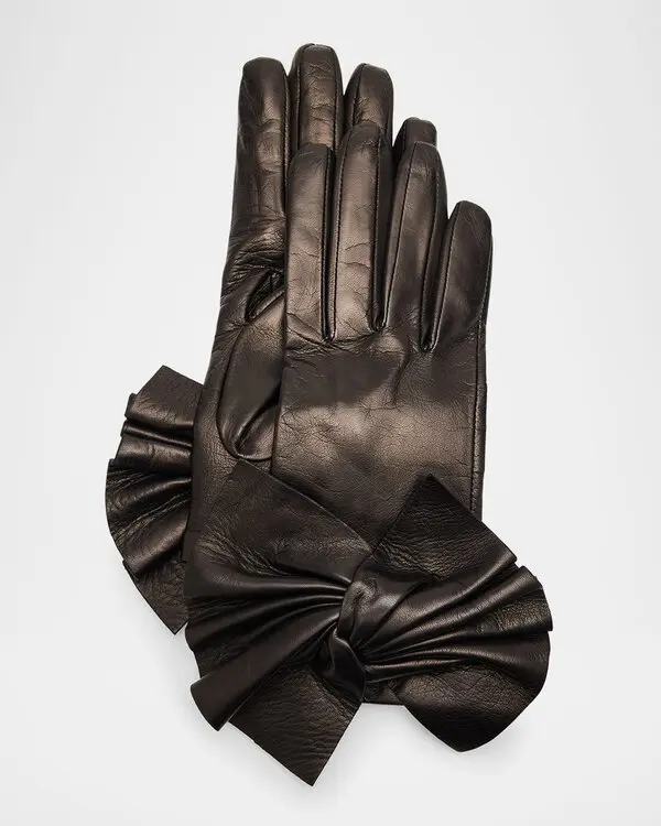 PAULA ROWAN Minnie Leather Gloves With Bow Detail - Black
