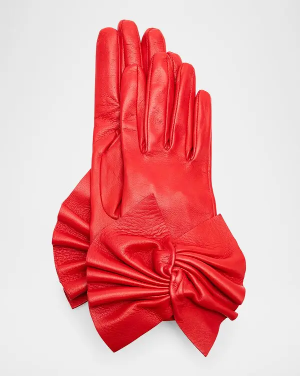 PAULA ROWAN Minnie Leather Gloves With Bow Detail - Red