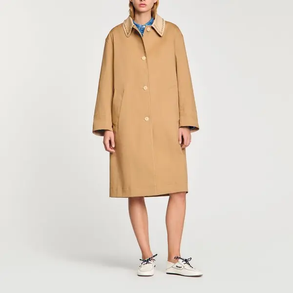 Sandro Trench Coat With Rhinestone Collar