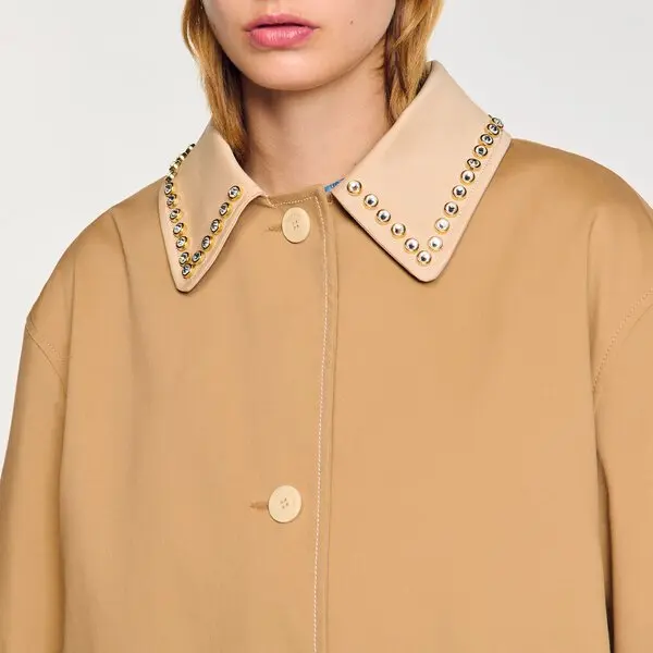 Sandro Trench Coat With Rhinestone Collar